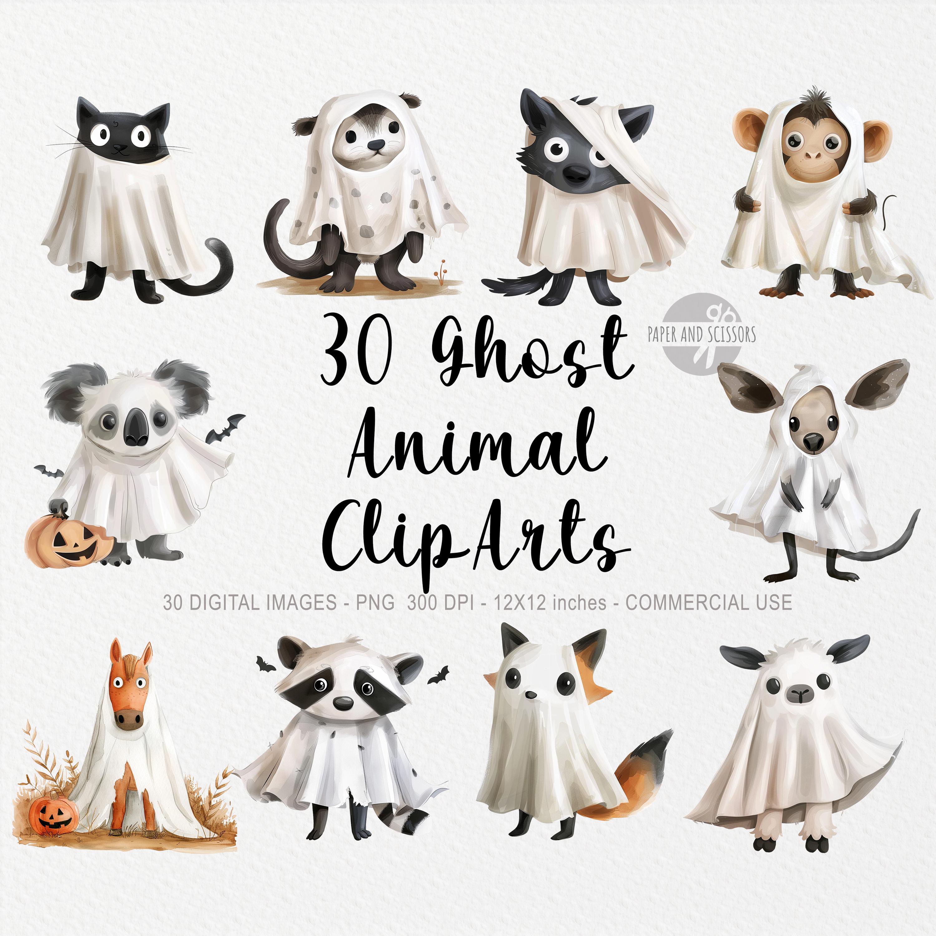 30 Ghost Animal Cliparts, Halloween PNG, Fall Design PNG, Watercolor ...