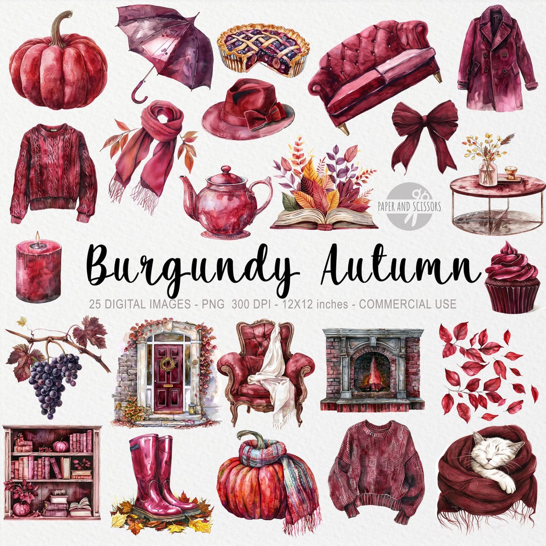 25 Burgundy Autumn Cliparts, Sweater Weather PNG, Velvet Fall, Cozy ...