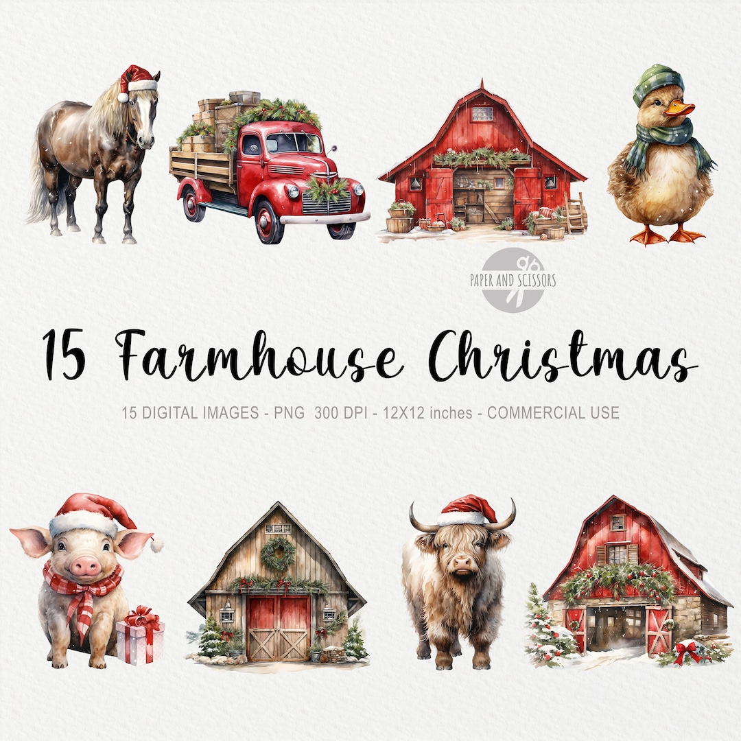 15 Farmhouse Christmas Clipart, Watercolor Farm PNG, Christmas Bundle ...