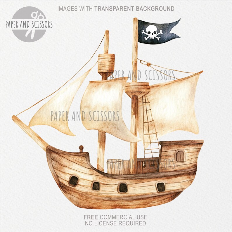 10 Pirate Ship Cliparts, Little Sailor PNG, Cute Watercolor, Battleship ...