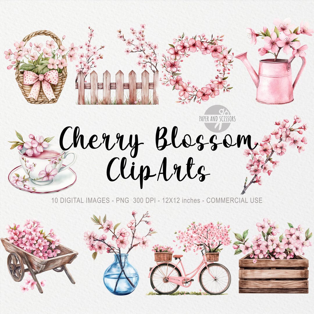 10 Cherry Blossom Clipart, Flower PNG, Spring Illustration, Watercolor ...