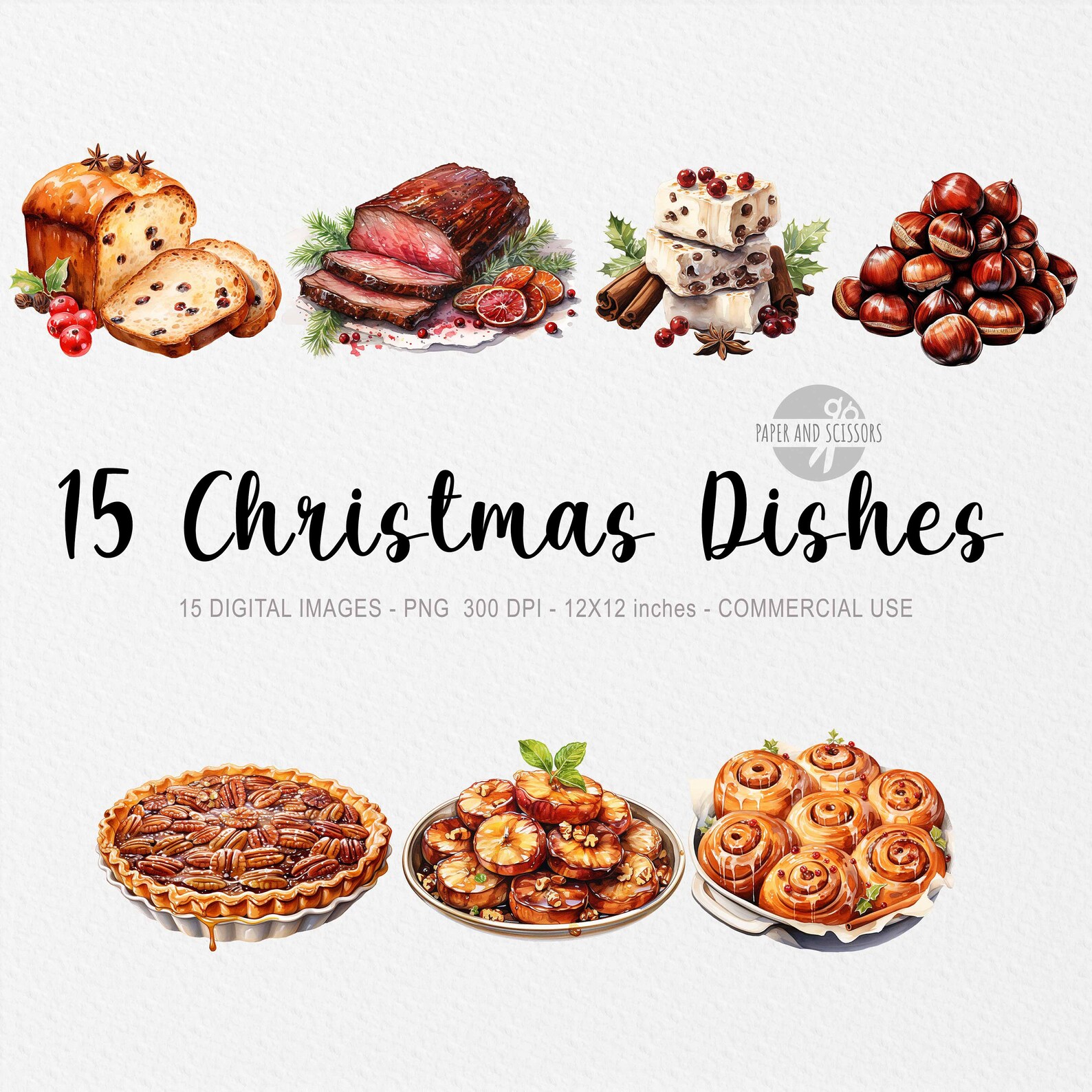 15 Christmas Dishes Clipart, Christmas Food PNG, Watercolor Christmas ...