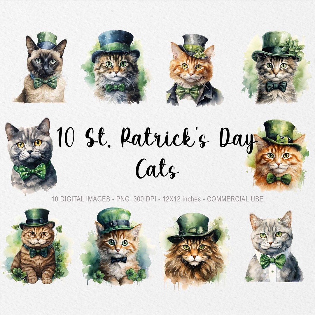 10 St Patrick's Day Cat Cliparts, Watercolor St Patricks Cat PNG, Cat ...