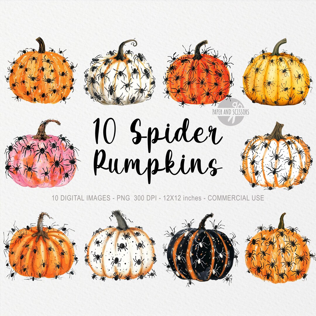 10 Spider Pumpkin Cliparts, Halloween PNG, Fall Design PNG, Watercolor ...