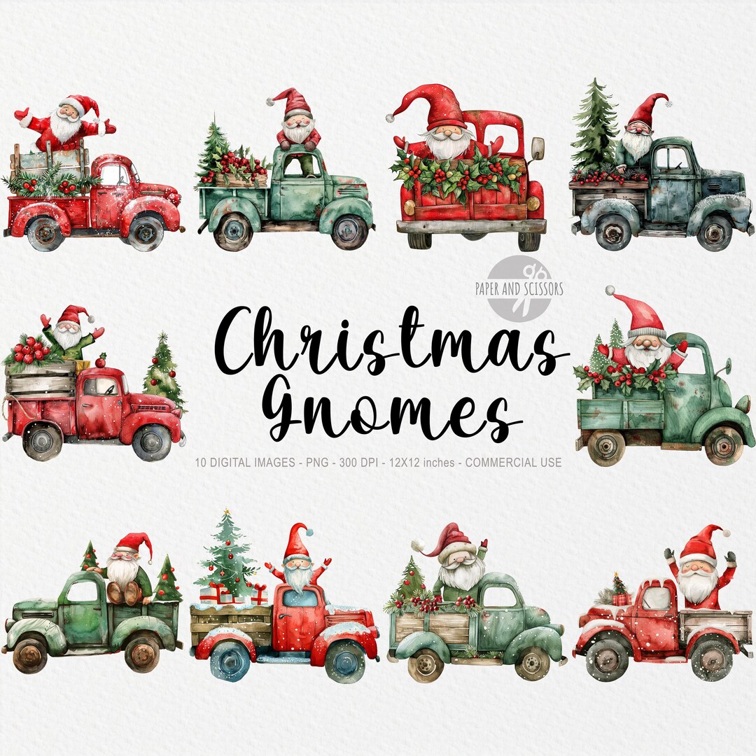 10 Christmas Gnome Truck Cliparts, Christmas Elf PNG, Christmas Card ...