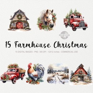 15 Farmhouse Christmas Clipart, Watercolor Farm PNG, Christmas Bundle ...