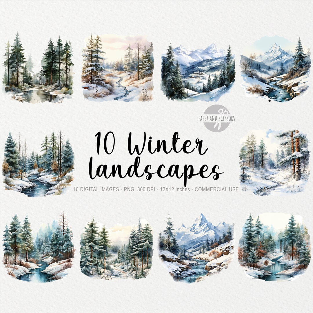 10 Winter Landscape Clipart, Winter Scenery PNG, Watercolor Winter ...