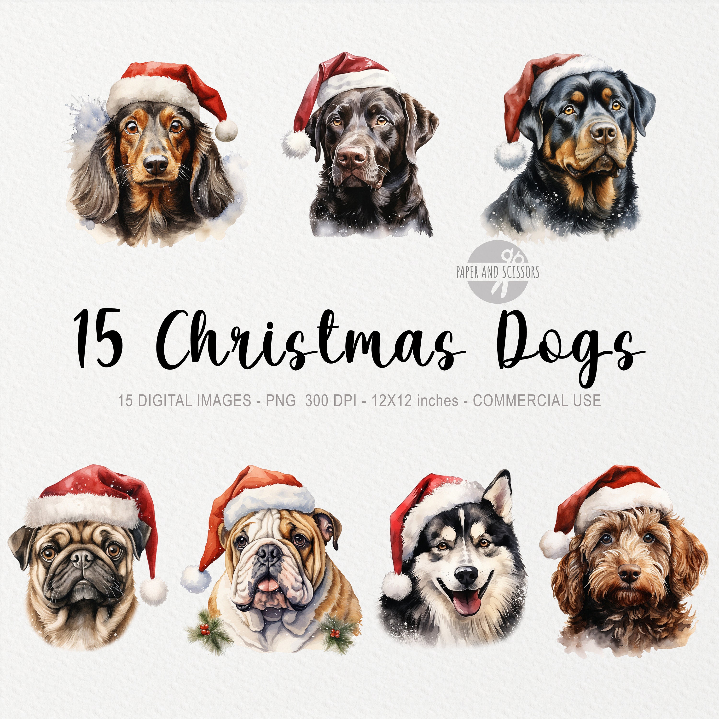 15 Christmas Dogs Clipart, Dog PNG, Watercolor Dog Illustration ...
