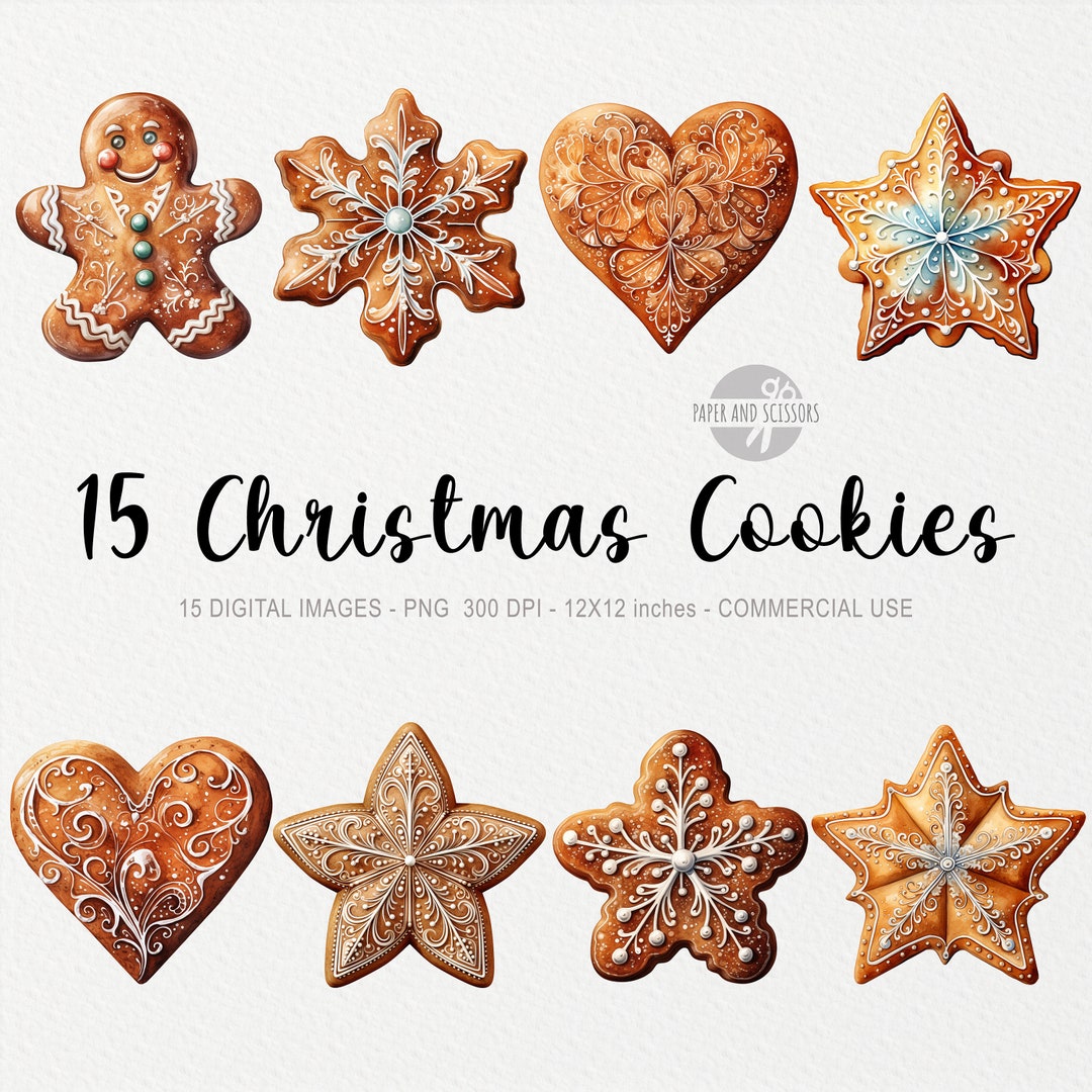 15 Christmas Cookies Clipart, Gingerbread Cookie PNG, Watercolor ...