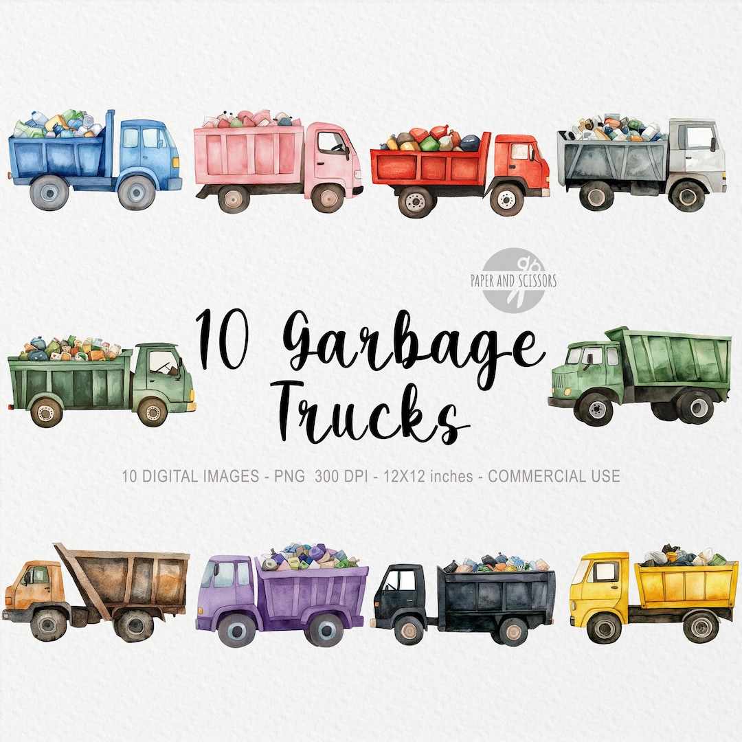 10 Garbage Truck Cliparts, Truck PNG, Cute Watercolor, Little Explorer ...