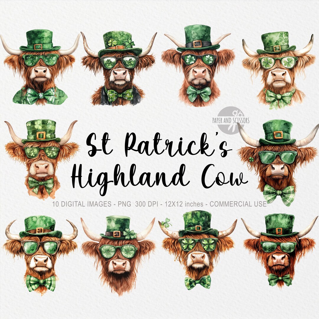 10 St Patrick's Day Highland Cow Cliparts, Sublimation PNG, Watercolor ...