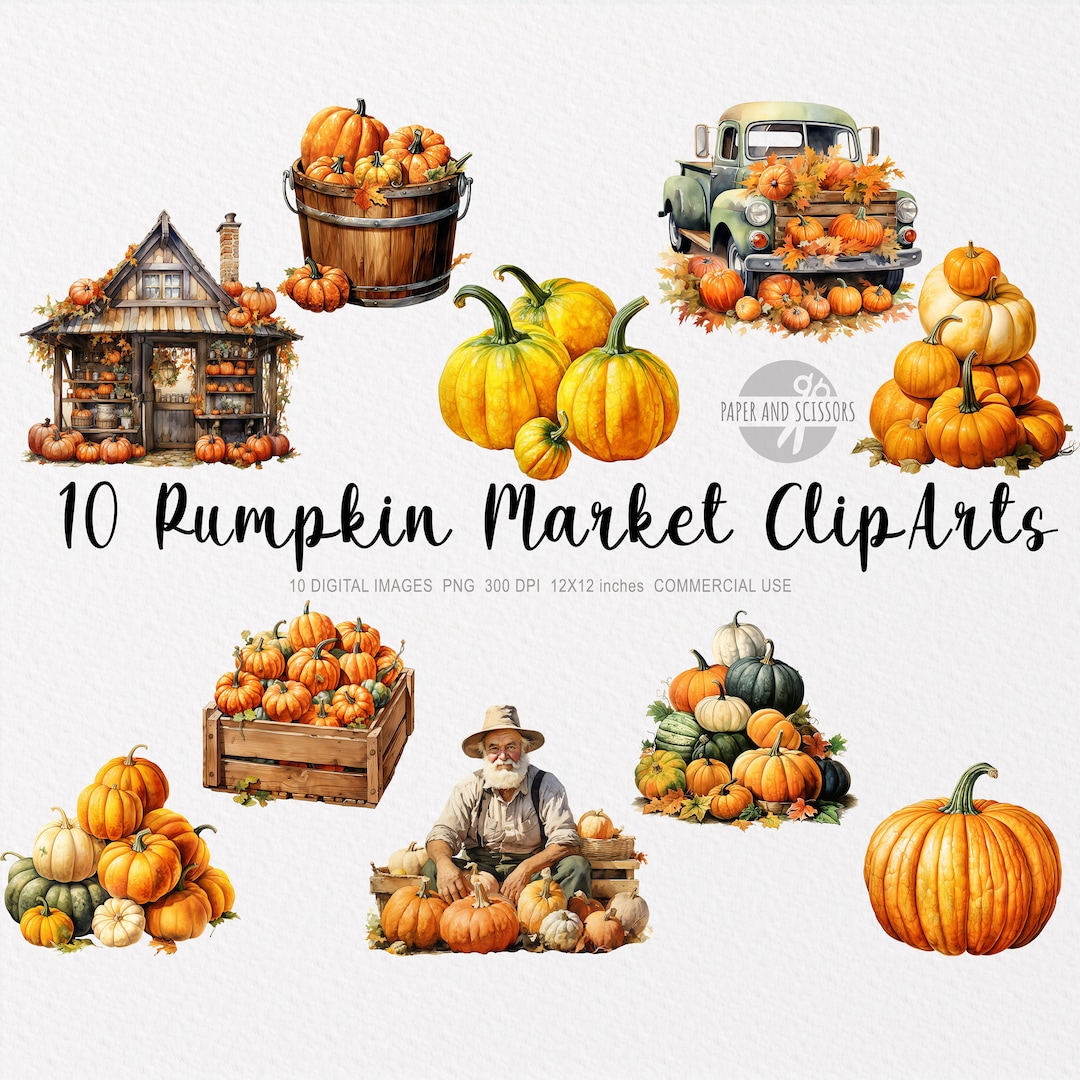 10 Pumpkin Market Clipart, Autumn PNG, Fall Market Illustration ...