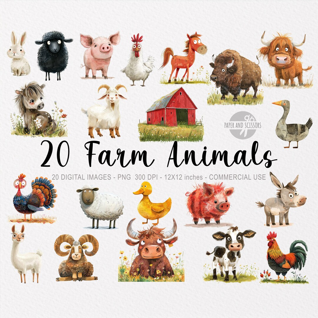 20 Farm Animals Cliparts, Farmland Watercolor PNG, Baby Shower Wall Art ...