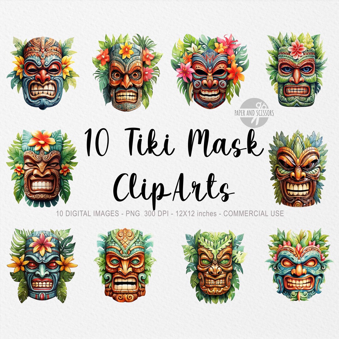 10 Tiki Mask Cliparts, Watercolor Tiki, Hawaii PNG, Tribal Clipart ...