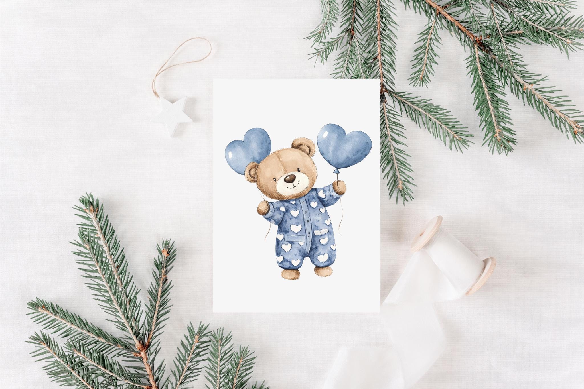 30 Baby Blue Sleepy Teddy Bear Watercolor Clipart, Teddy Bear PNG, Blue ...