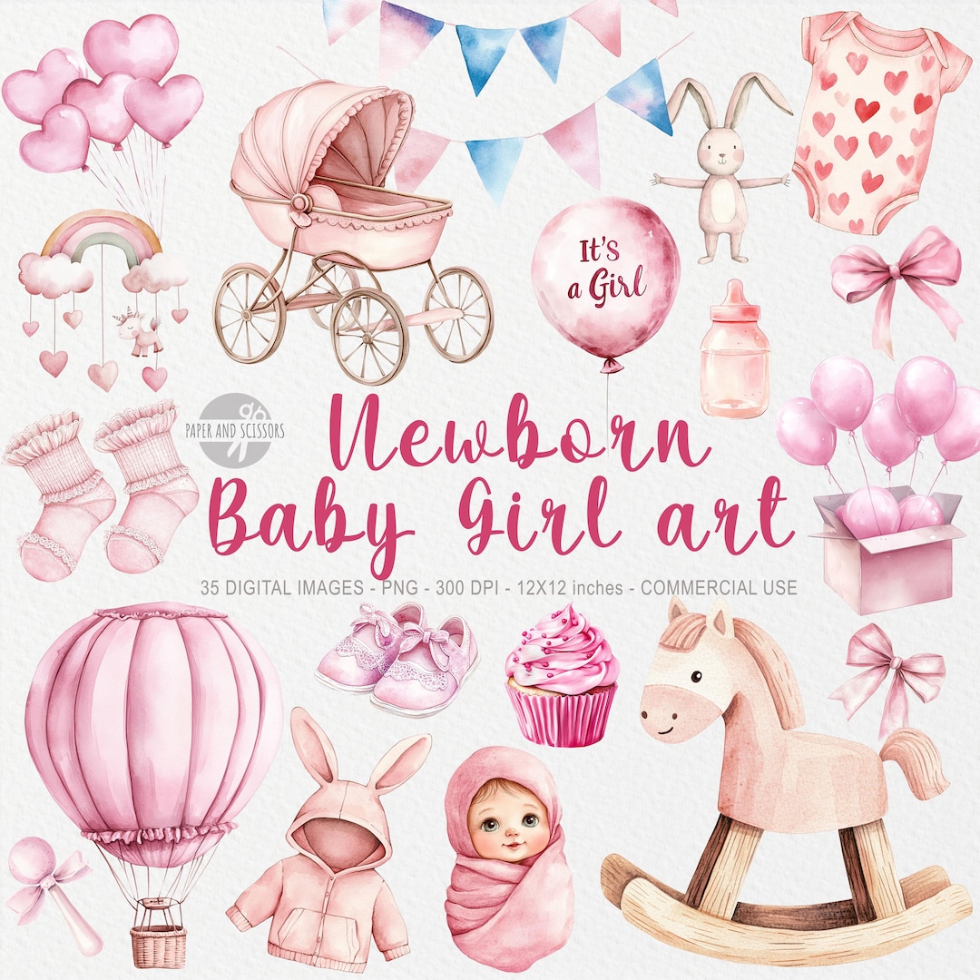 35 Newborn Baby Girl Pink Watercolor Clipart, Nursery PNG, Baby Shower ...