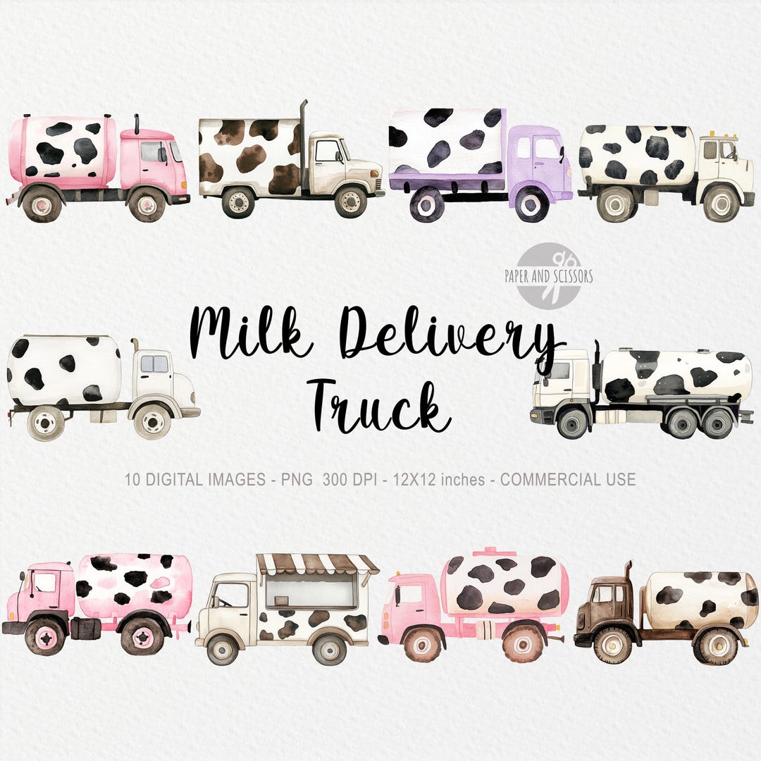 10 Milk Truck Cliparts, Truck PNG, Cute Watercolor, Milk Delivery, Farm ...