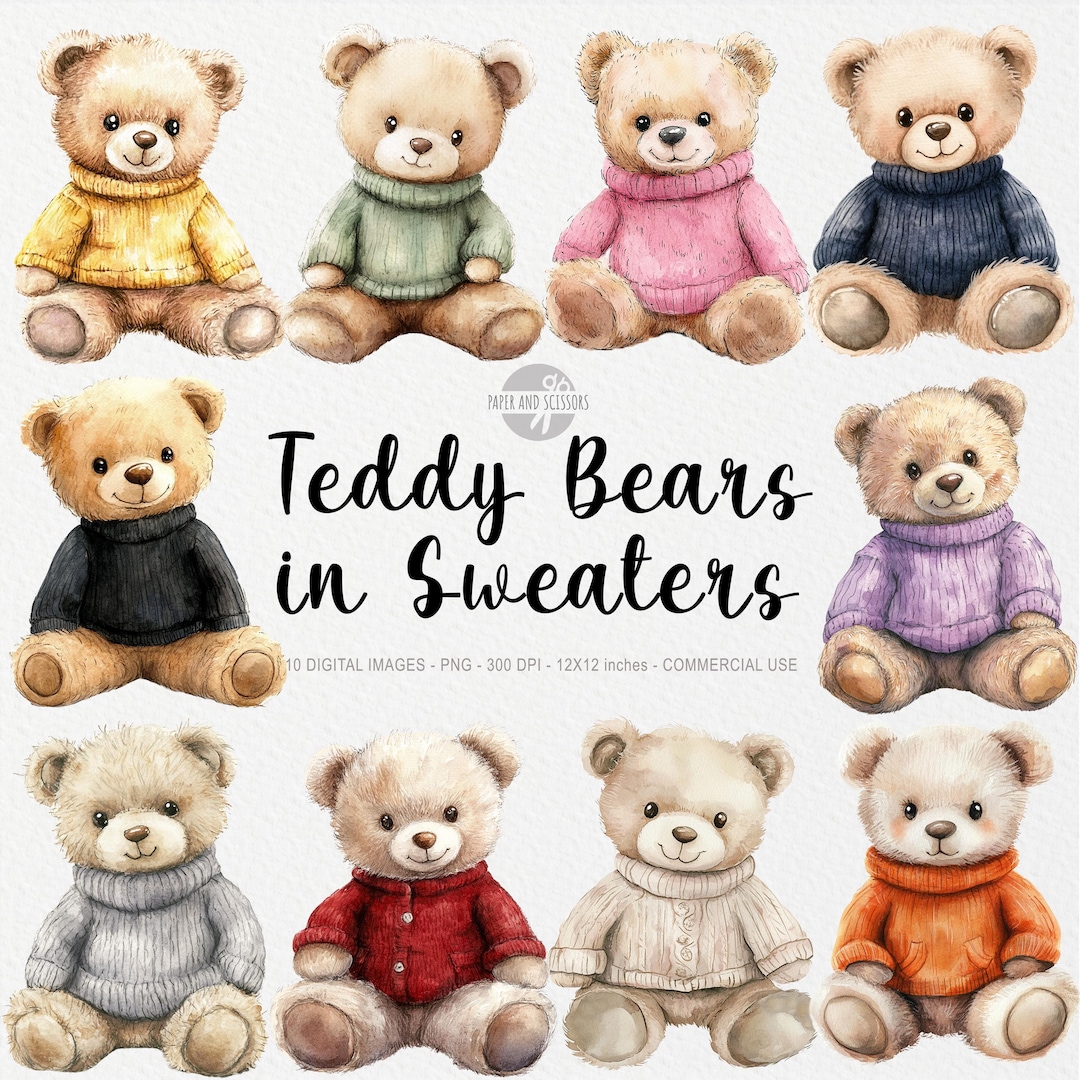 10 Teddy Bears in Sweaters Watercolor Clipart, Cute Winter Teddy Bear ...