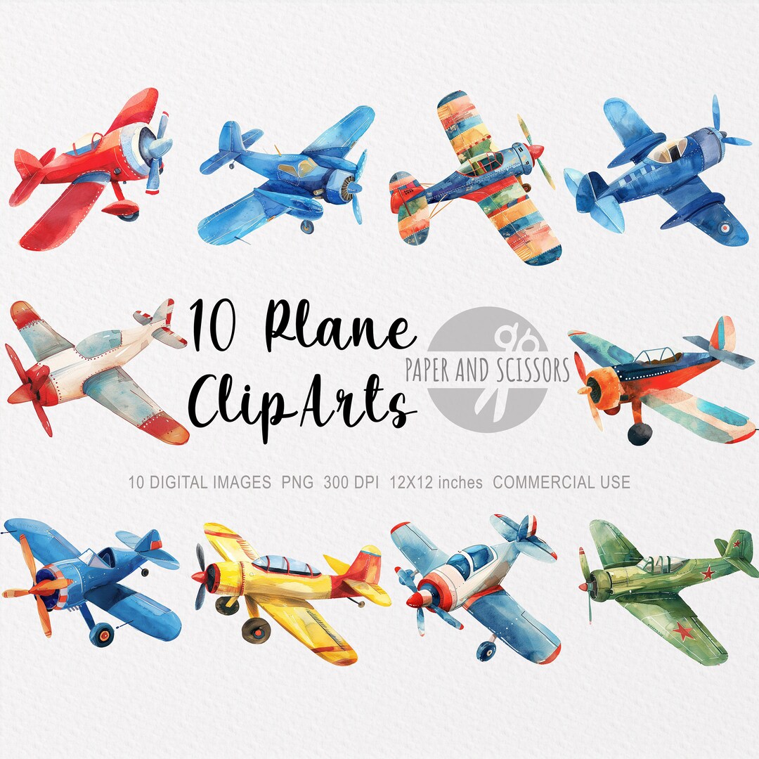 10 Airplane Cliparts, Aircraft Jet PNG, Cute Watercolor, Little Aviator ...