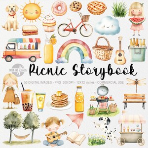 50 Cute Picnic Clipart, Watercolor Outdoor Storybook, Park Party ...