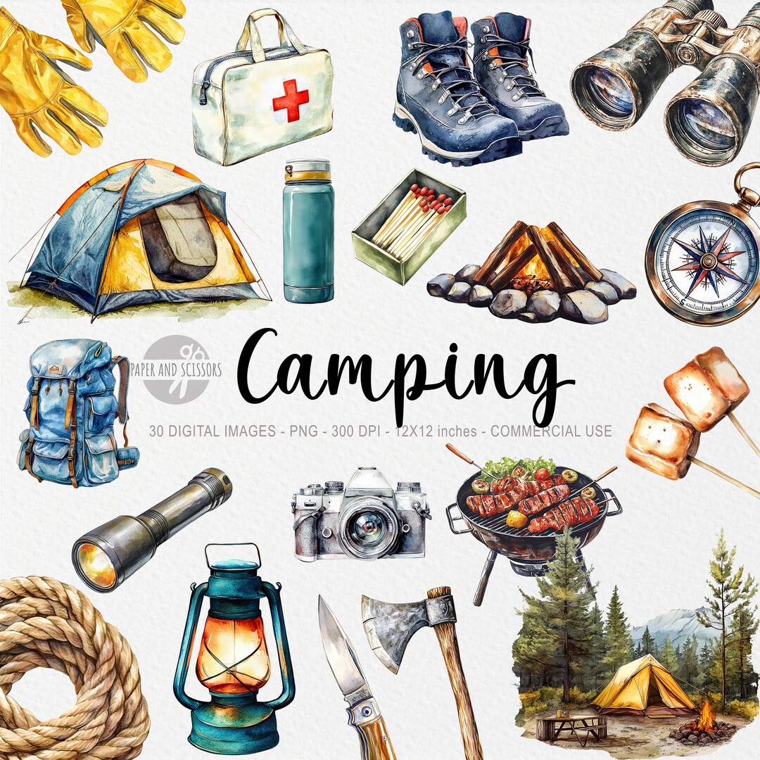 Camping Hobby Clipart, Watercolor Camp PNG, Nature Travel Clipart ...