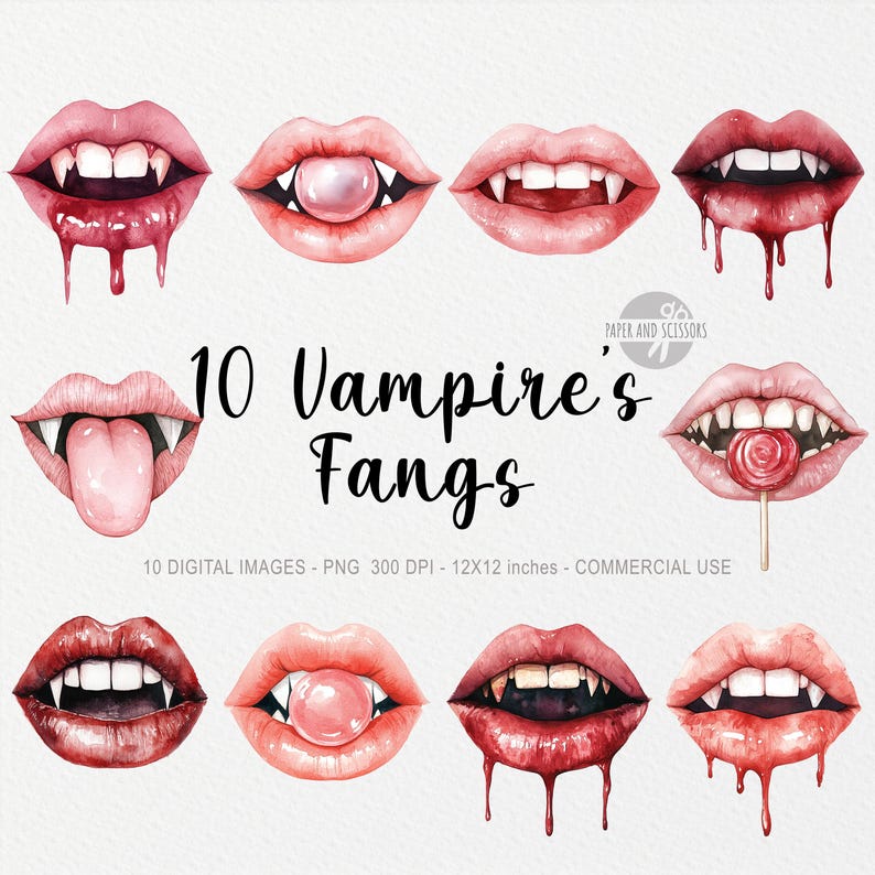 10 Vampire Fangs Clipart, Teeth PNG, Spooky Decor, Halloween Stickers ...