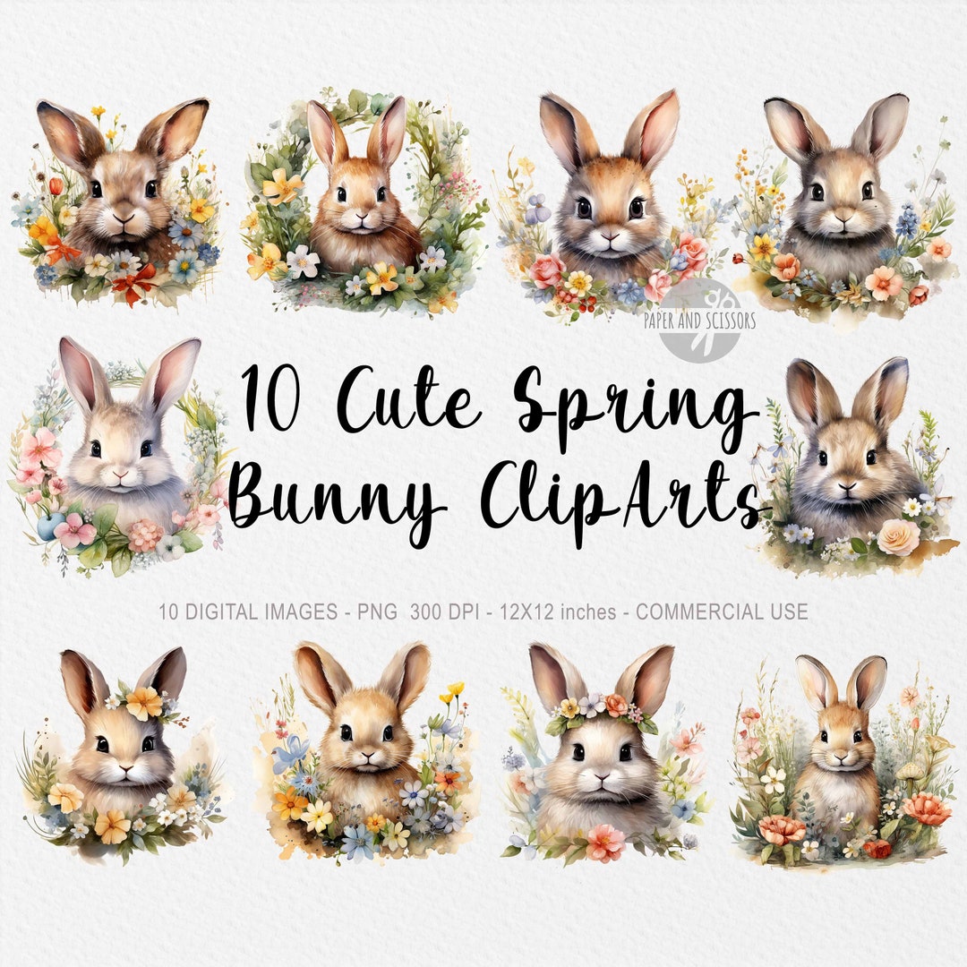 10 Cute Bunny Clipart, Bunny PNG, Spring Bunny Illustration, Watercolor ...
