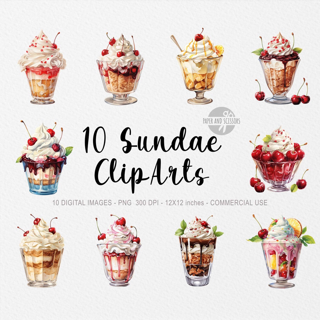 10 Ice Cream Sundae Cliparts, Ice Cream PNG, Watercolor Sundae ...