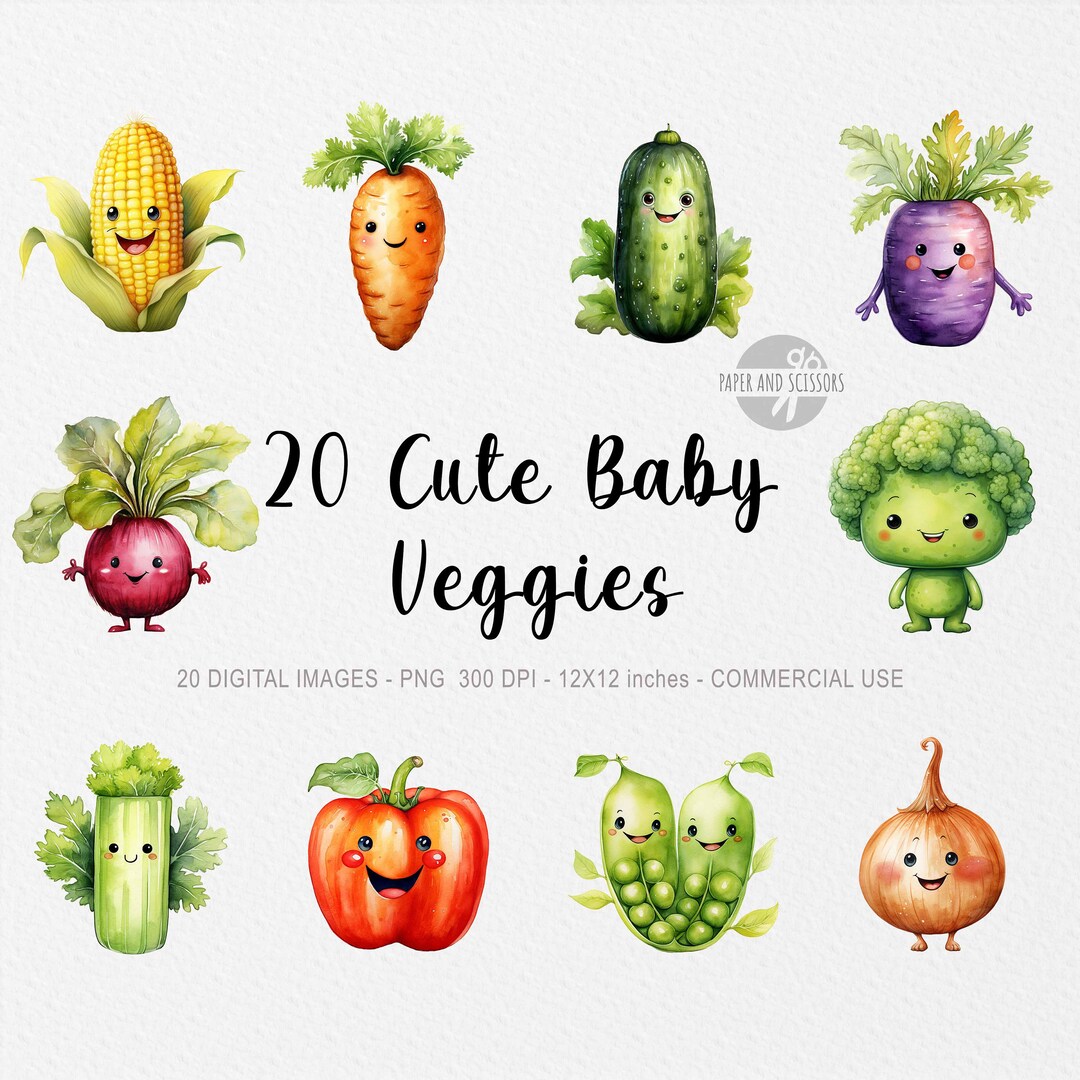 20 Cute Baby Veggies Clipart, Vegetables PNG, Watercolor Veggie, Kids ...