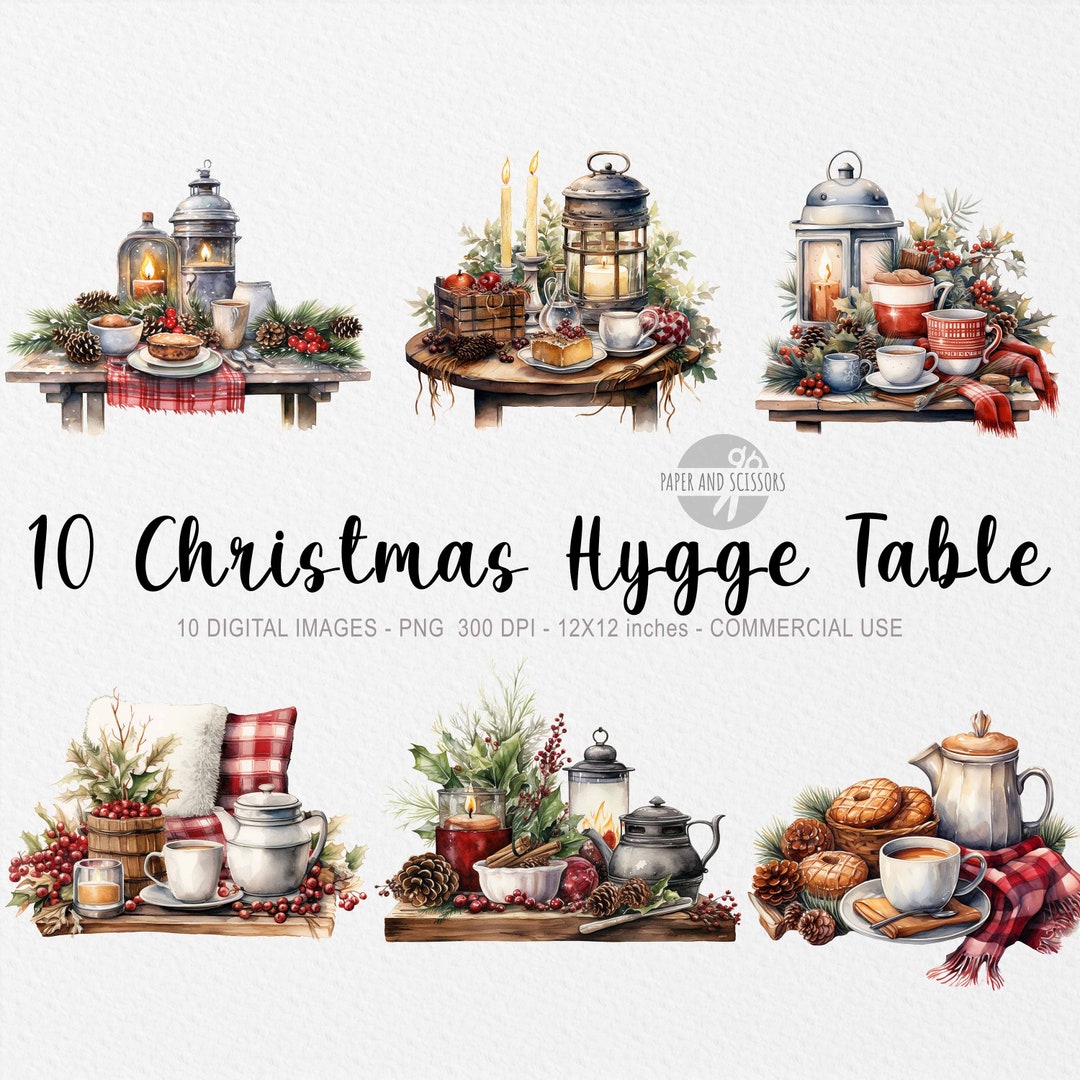 10 Christmas Hygge Table Cliparts, Watercolor Christmas Hygge Table PNG ...