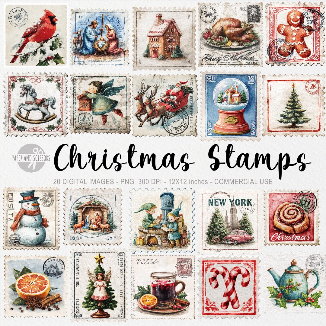 20 Christmas Stamp Clipart, Vintage Postage PNG, Retro Xmas, SVG Bundle ...