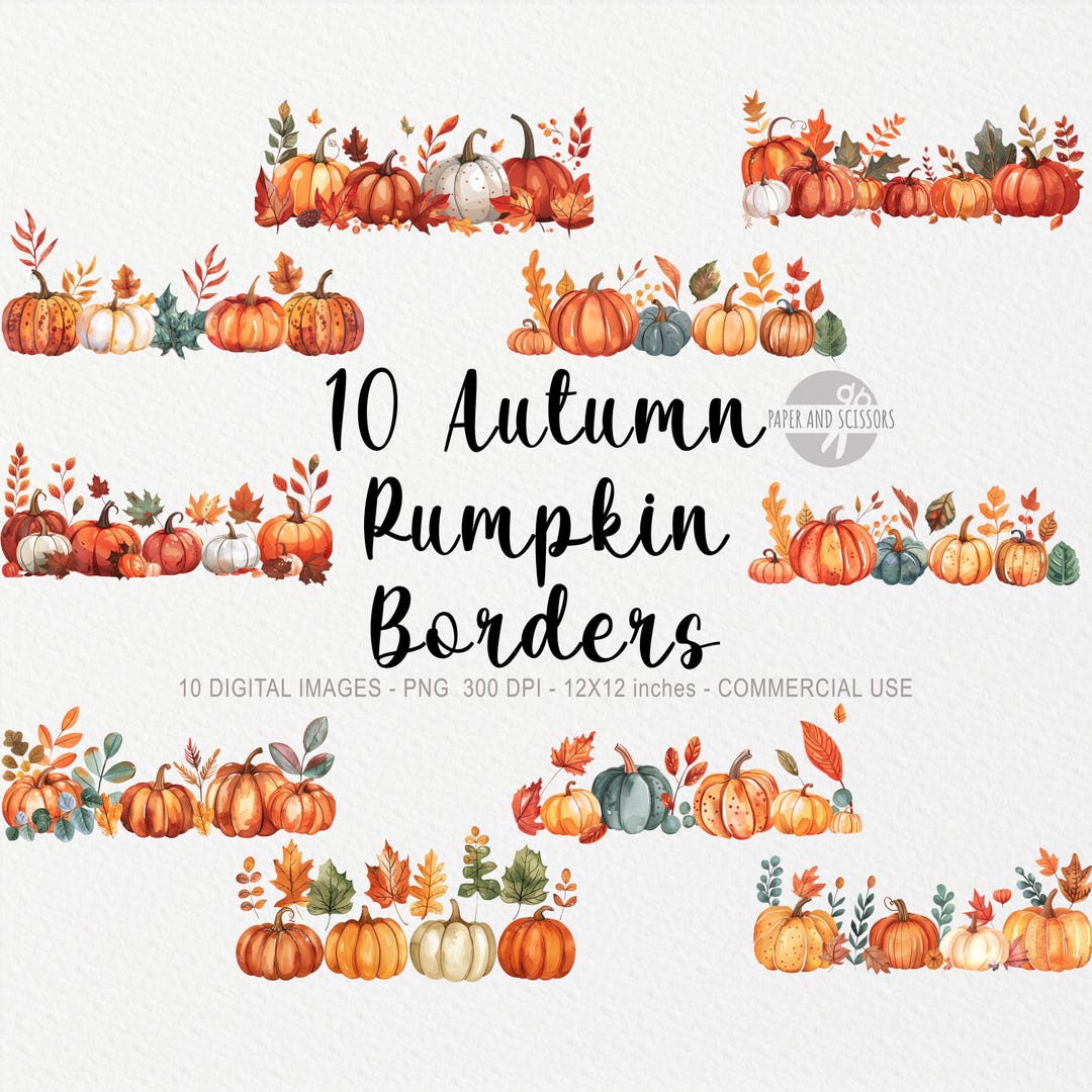 10 Autumn Leaves & Pumpkins Border Cliparts, Fall Decor, Watercolor ...