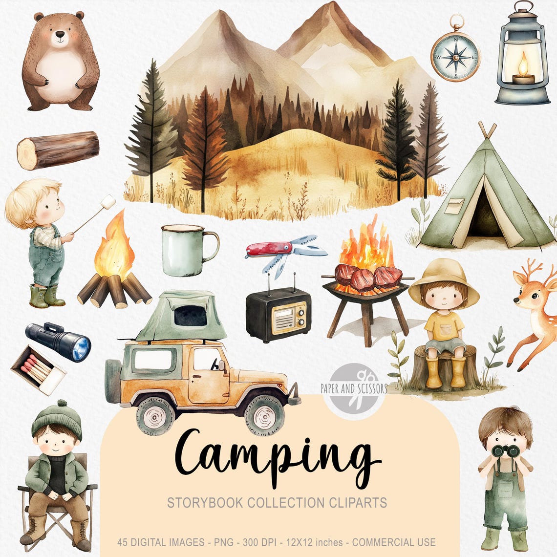 45 Cute Camping Clipart, Watercolor Outdoor Storybook, Camp Tent ...