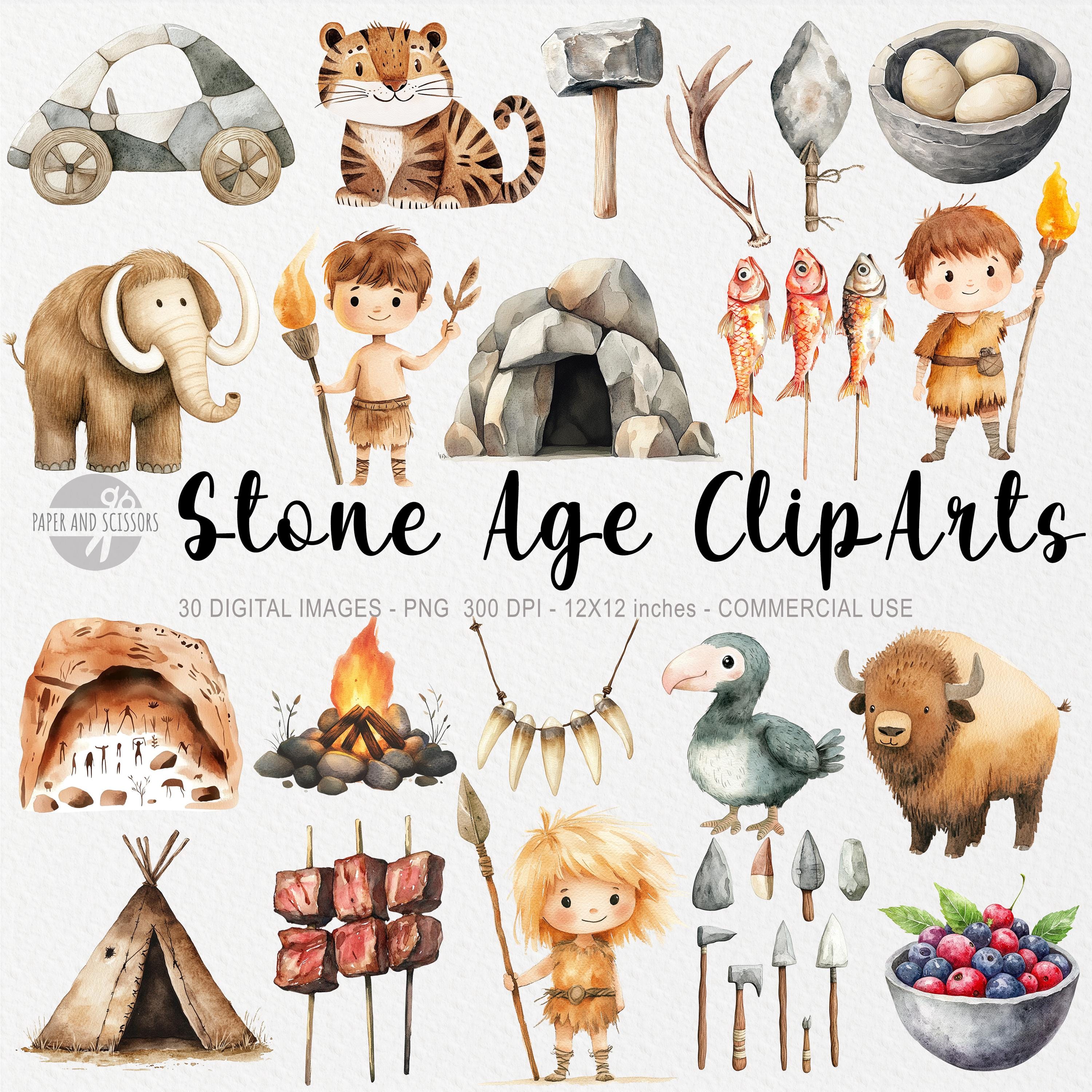 30 Cute Stone Age Clipart, Watercolor Storybook, Prehistoric Nursery ...