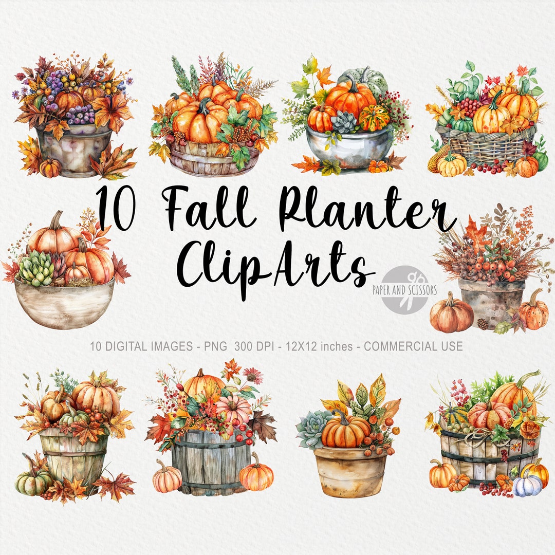 10 Fall Planter Cliparts, Autumn PNG, Hello Autumn Decor Illustration ...
