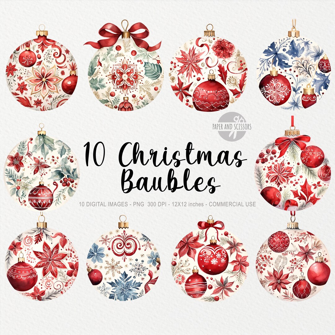 10 Christmas Bauble Clipart, Bauble PNG, Watercolor Ornament, Christmas ...