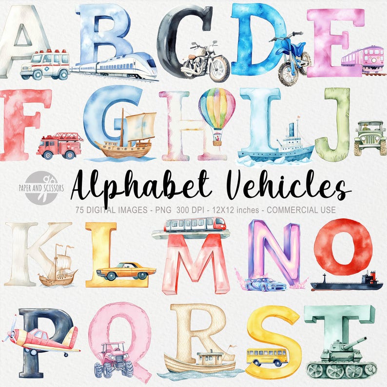 75 A-Z Vehicles Clipart, Watercolor Nursery Decor Bundle, PNG Alphabet ...