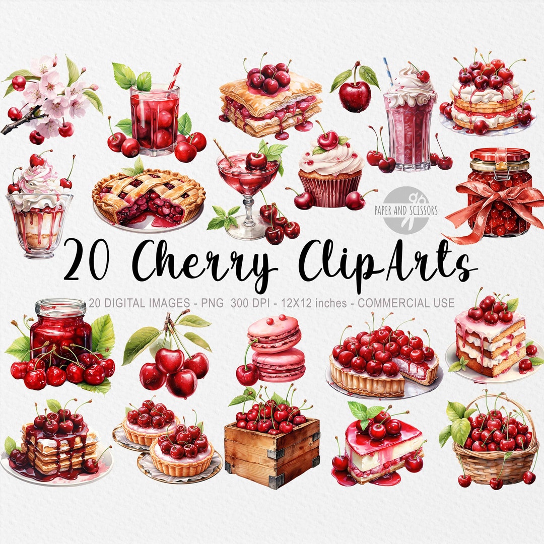 20 Cherry Cliparts, Watercolor Cherry Illustration PNG, Summer Bundle ...