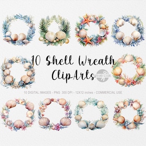 10 Seashell Wreath Cliparts, Shell PNG, Summer Illustration, Watercolor ...