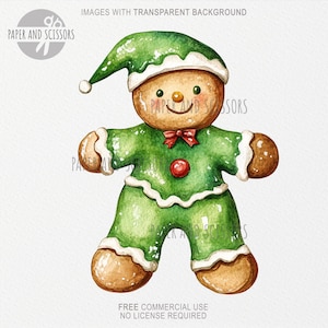 10 Gingerbread Man Elf Cliparts, Cookie Clipart, Cute Watercolor Green ...