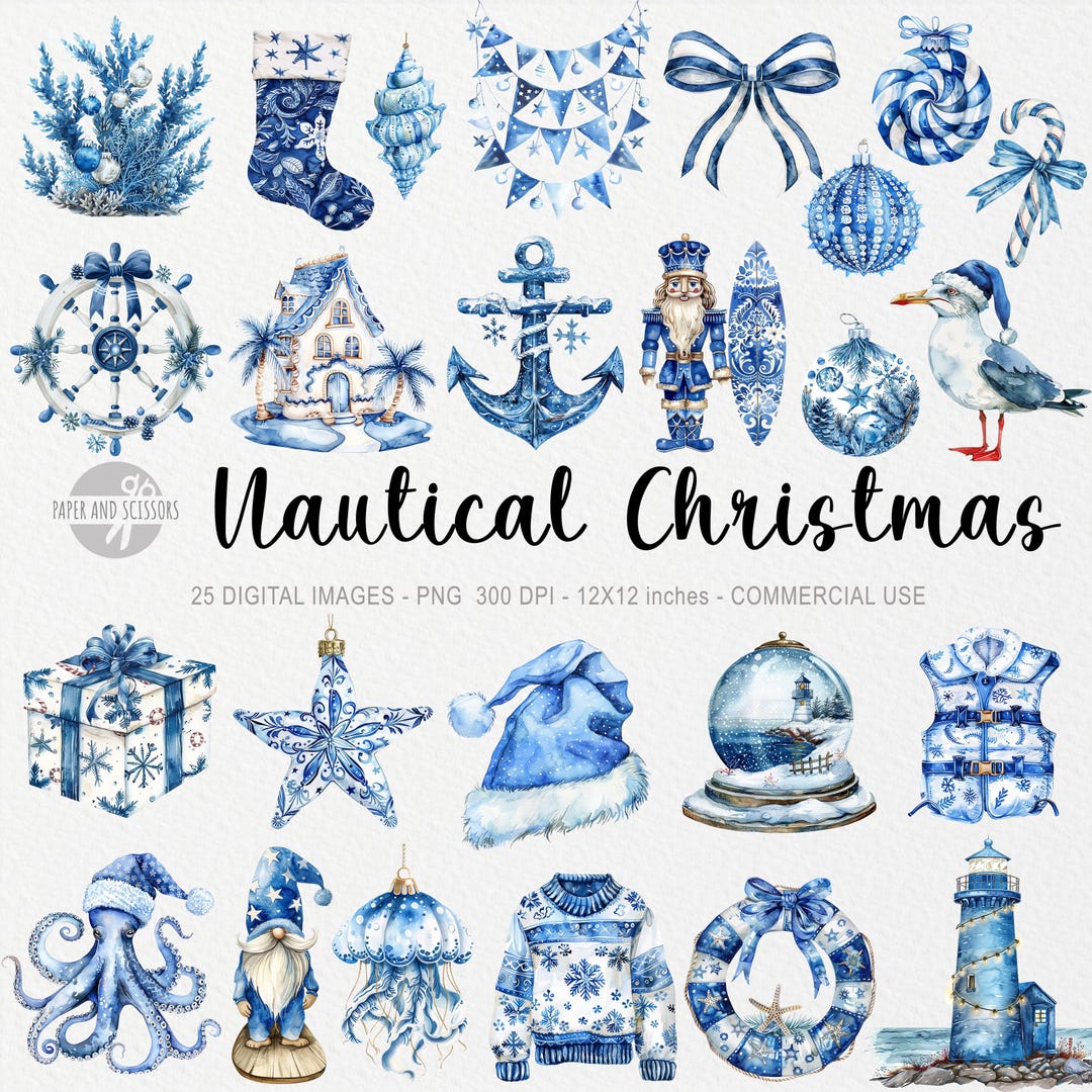25 Nautical Christmas Cliparts, Coastal Watercolor Xmas PNG, Watercolor ...