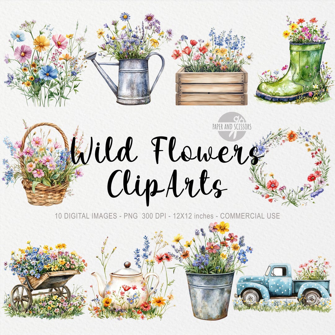 10 Wild Flower Clipart, Meadow PNG, Easter Bundle, Watercolor Spring ...