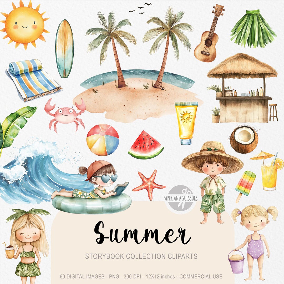 60 Cute Summer Clipart, Watercolor Storybook, Beach Tropical Nursery ...