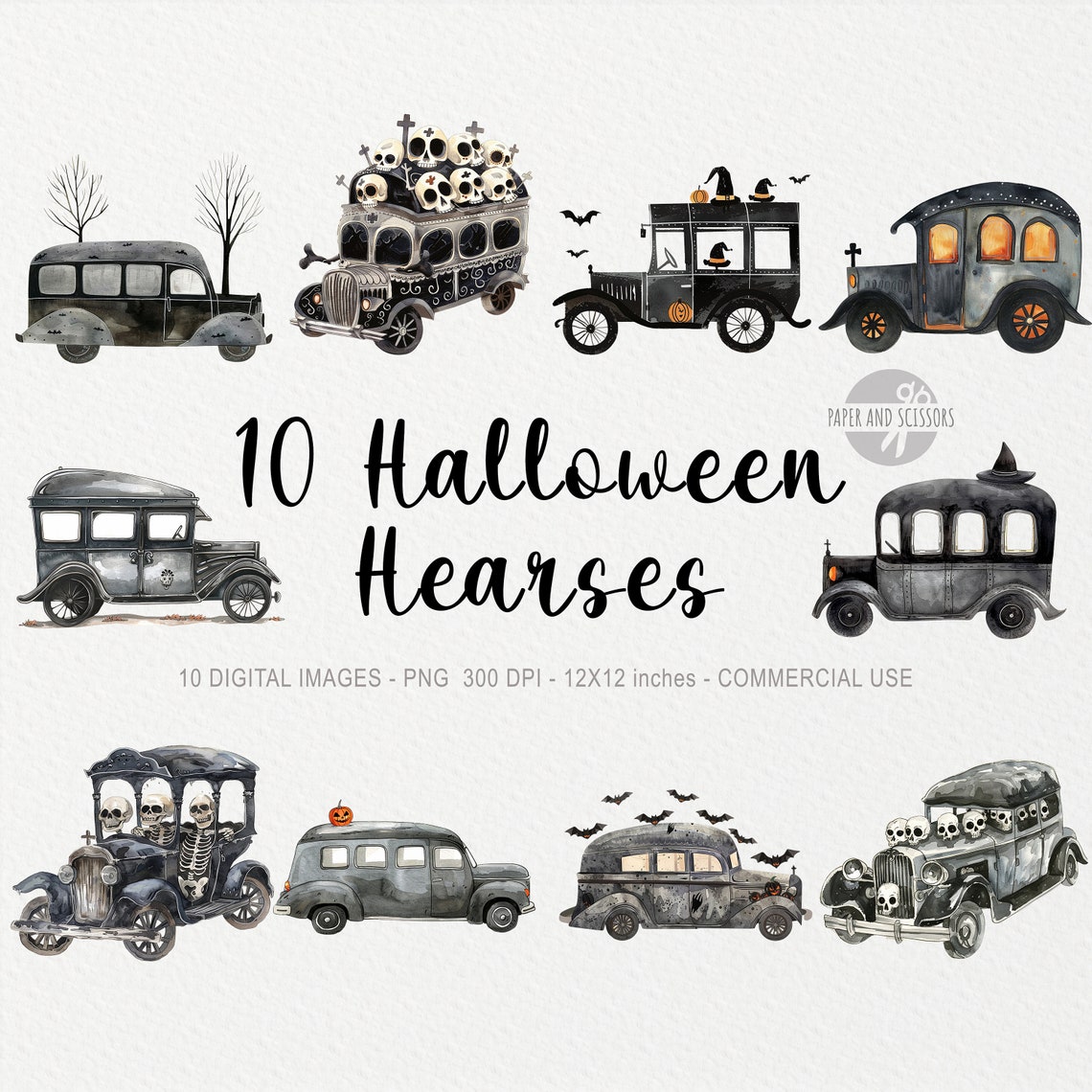 10 Halloween Hearse Clipart, Scary PNG, Spooky Car, Skeleton Stickers ...