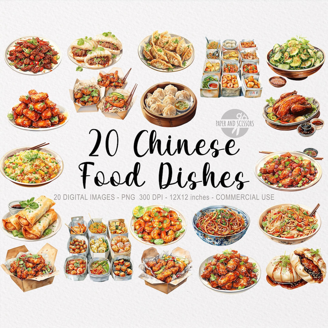 20 Chinese Food Dishes Cliparts, Watercolor Asian Food, Chinese Style ...