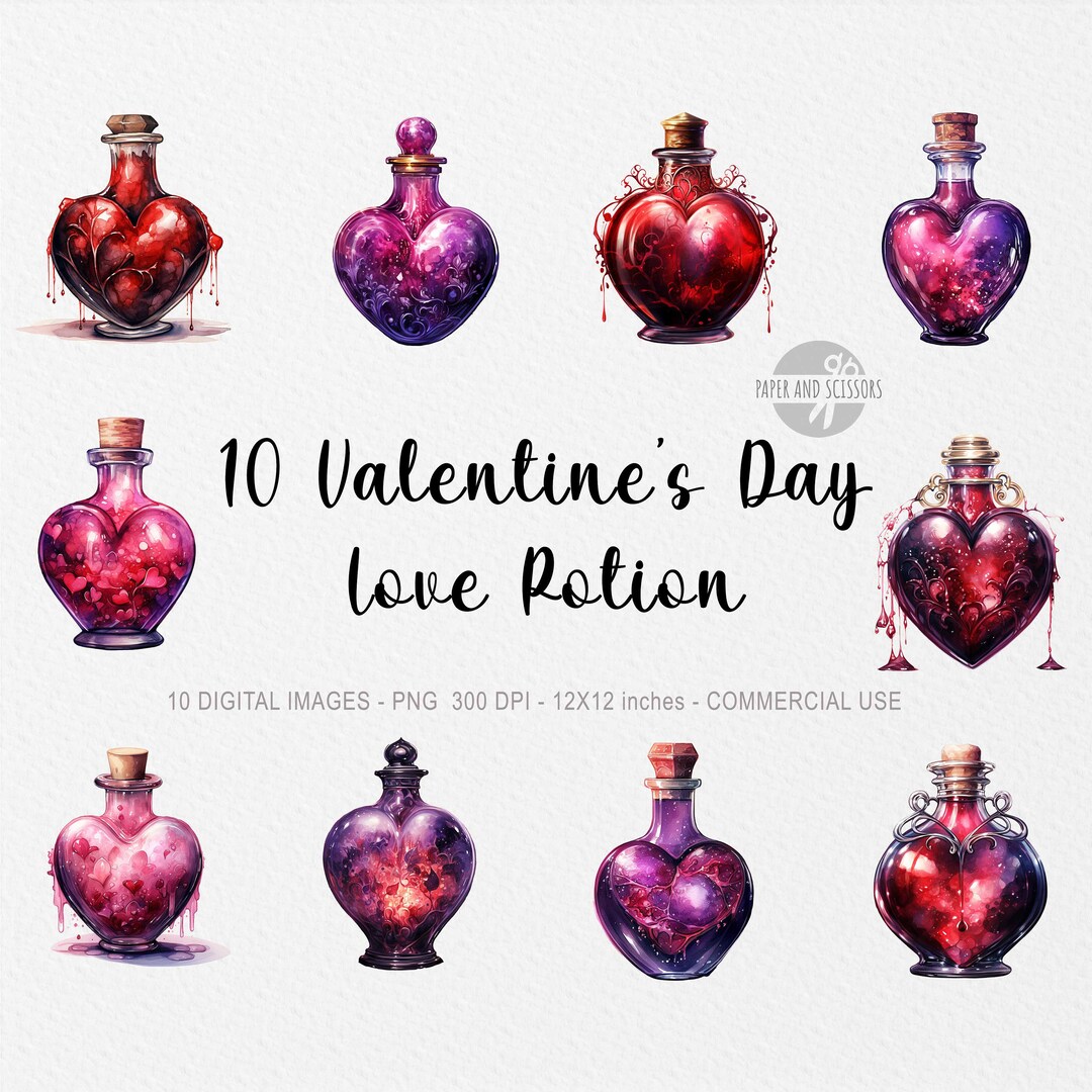 10 Valentines Day Love Potion Clipart, Potion PNG, Watercolor Love ...