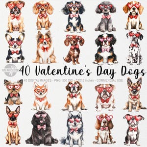 40 Valentine's Day Dog Cliparts, Watercolor Clipart, Puppy Love PNG ...