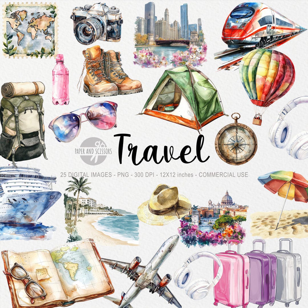 Travel Hobby Clipart, Watercolor Trip PNG, Cozy European Travel Clipart ...