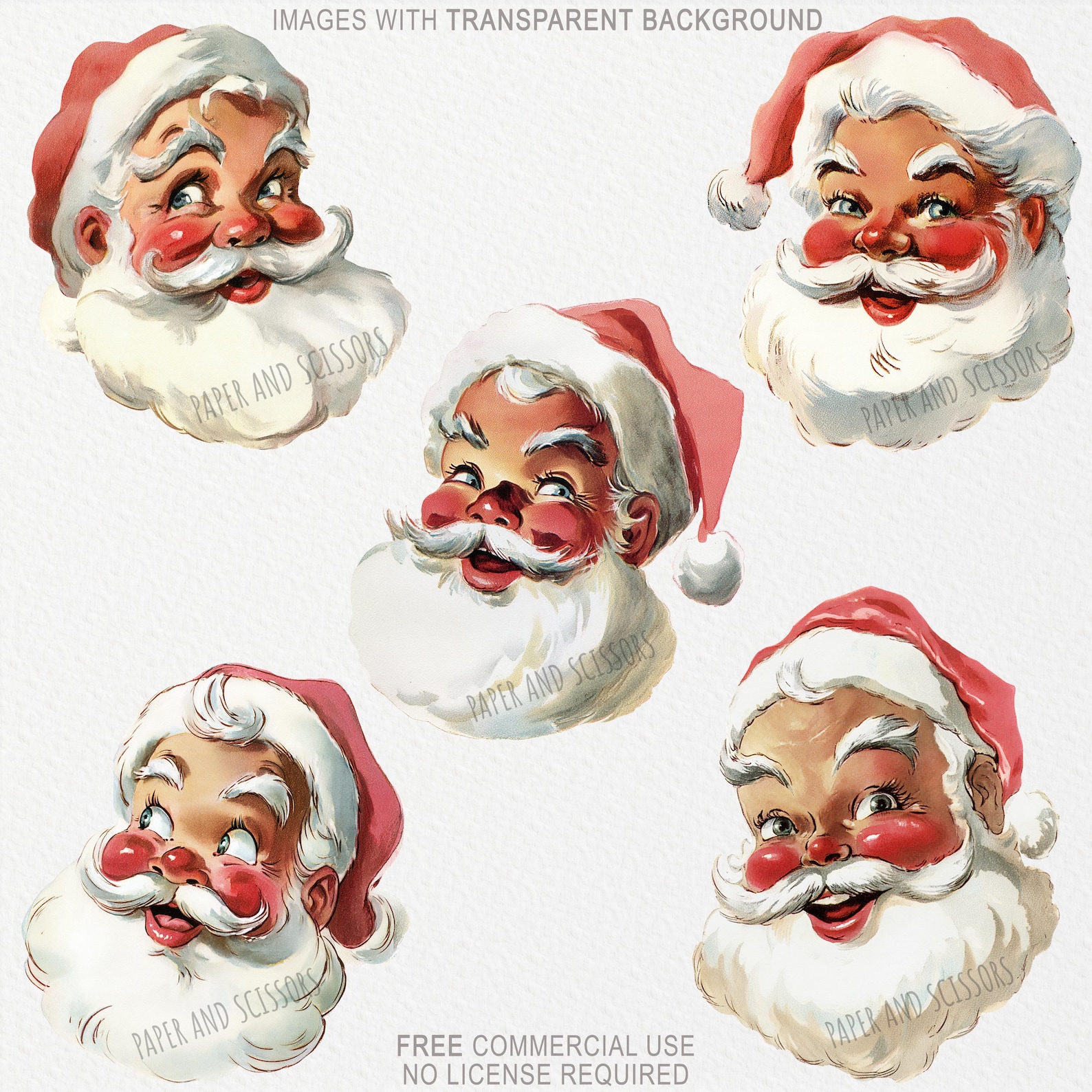 30 Retro Santa Head Cliparts, Digital Download PNG, Transparent ...