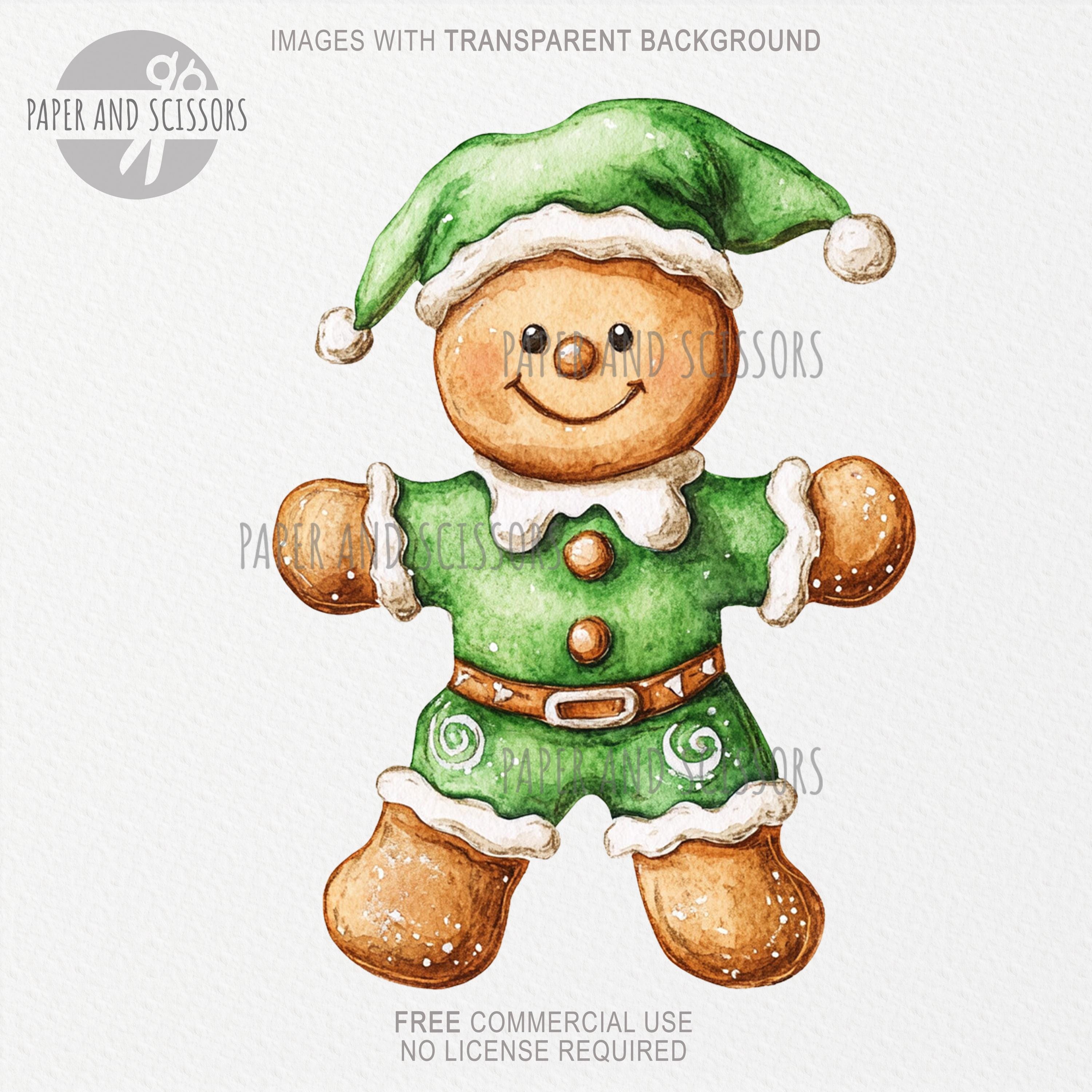 10 Gingerbread Man Elf Cliparts, Cookie Clipart, Cute Watercolor Green ...